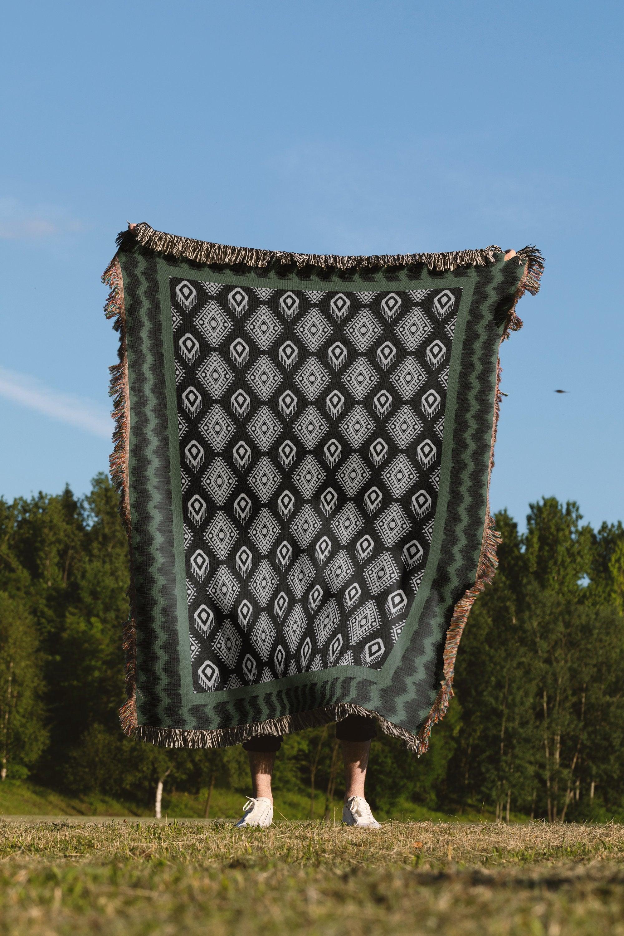 Green Blue Black Ikat Pattern Woven Cotton Throw Blankets – Taylor Bassam