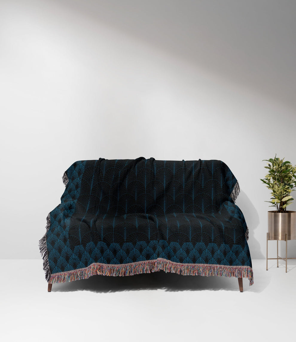 Dark Blue Art Deco Pattern Woven Cotton Throw Blankets – Taylor Bassam