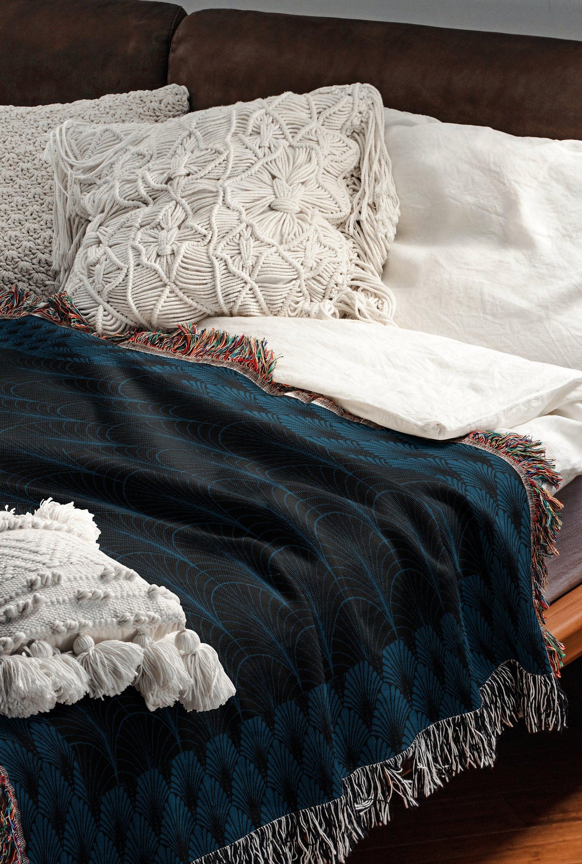 Dark Blue Art Deco Pattern Woven Cotton Throw Blankets – Taylor Bassam